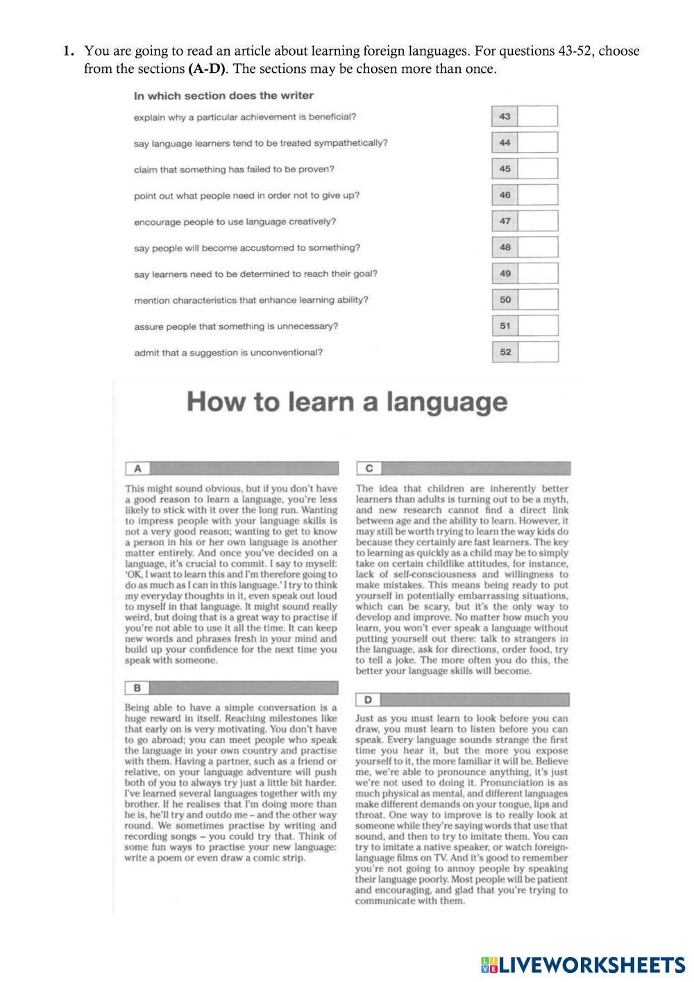 EXAM PRACTICE 2024 - LANGUAGE II | Live Worksheets