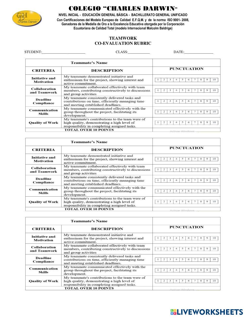 Co Evaluation Rubric | Live Worksheets