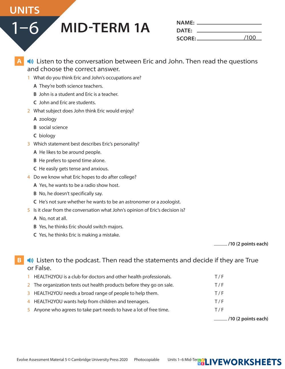 A1 - Midterm Te… | Free Interactive Worksheets | 7544482