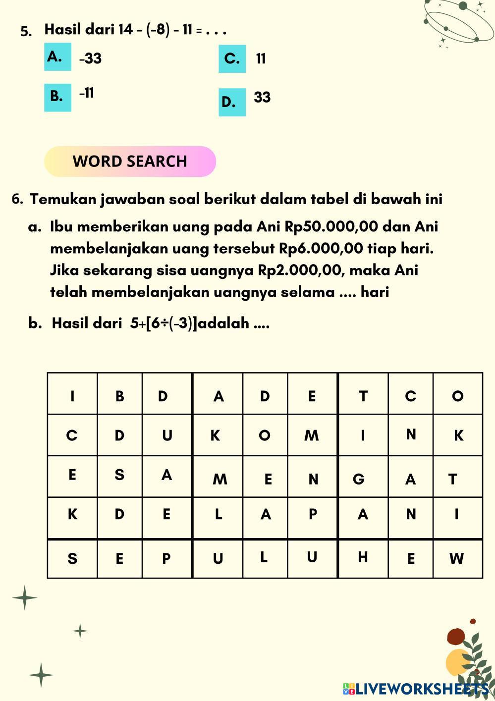 Bilangan Bulat | Free Interactive Worksheets | 7544872