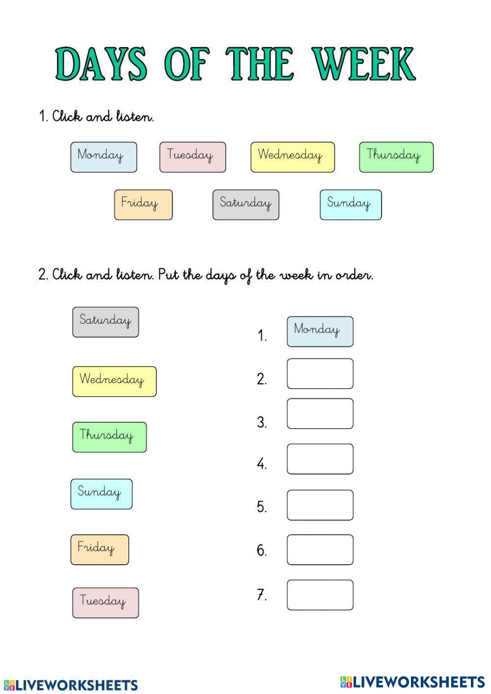 Days of the week | Free Interactive Worksheets | 7881174
