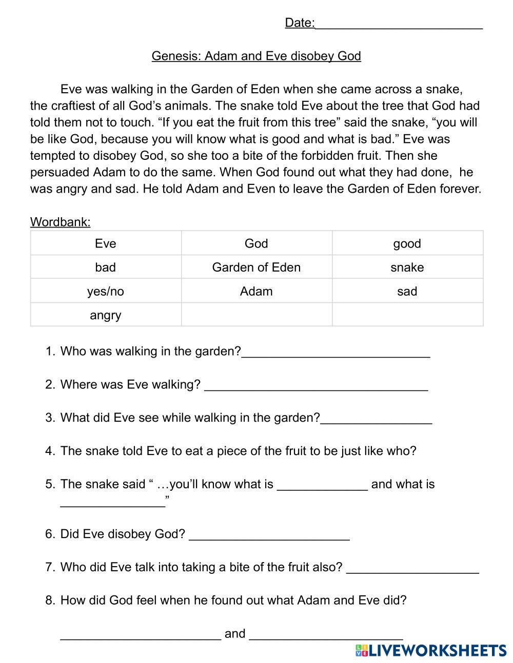 Adam and Eve Re… | Free Interactive Worksheets | 7883576