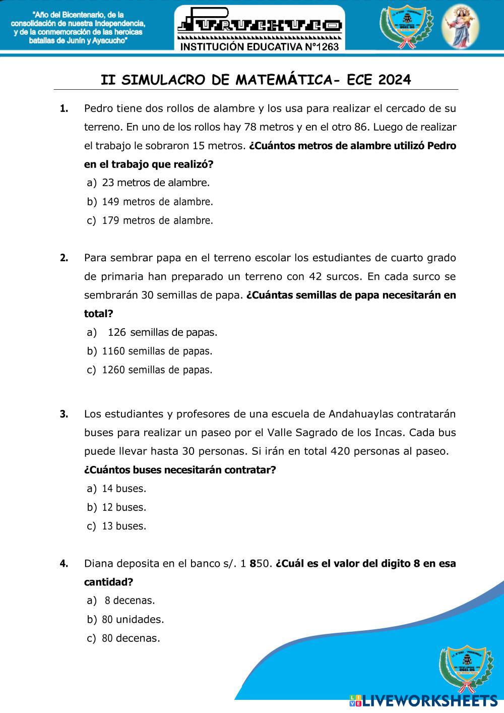 7886023 | II SIMULACRO DE MATEMÁTICA- ECE 2024 | IE 1263