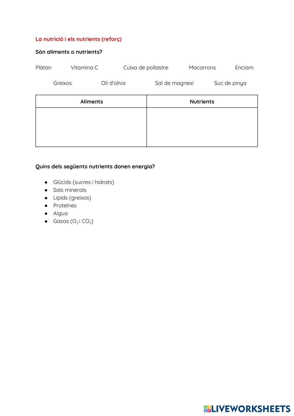 Els nutrients (… | Free Interactive Worksheets | 7889171