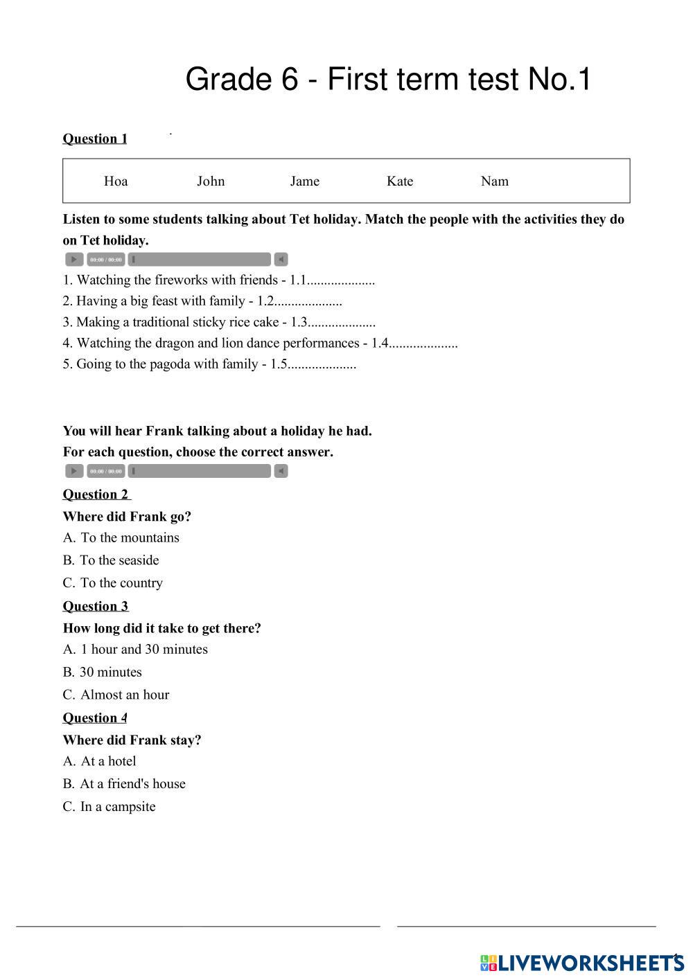 Grade 6 First t… | Free Interactive Worksheets | 7890747