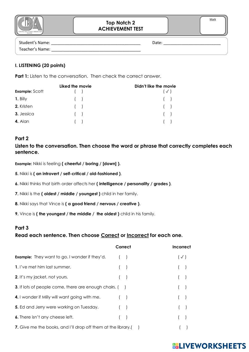 ACHIEVEMENT TES… | Free Interactive Worksheets | 7894913