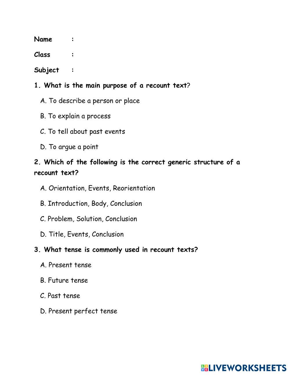 Recount text ke… | Free Interactive Worksheets | 7901119