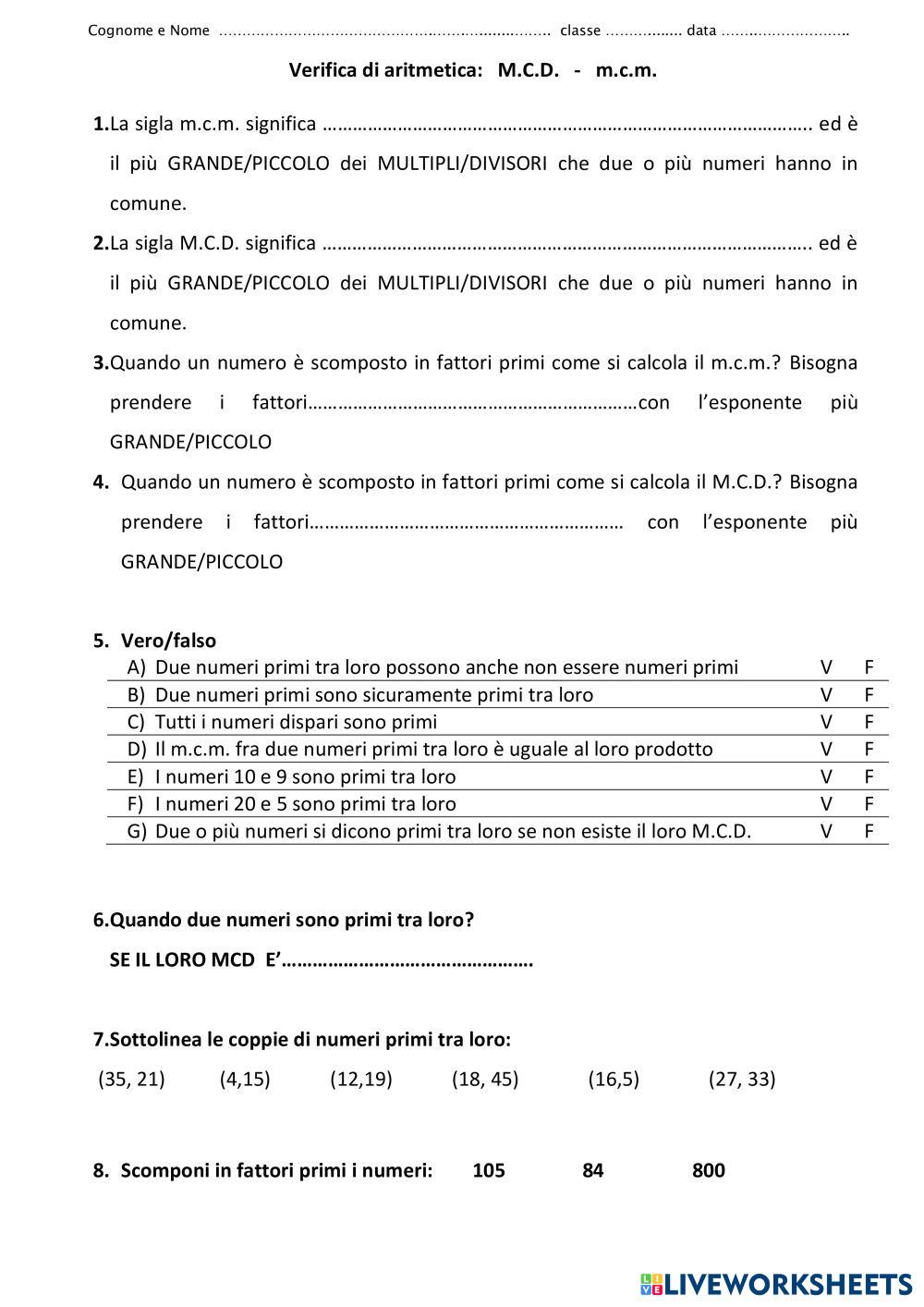 7912322 | Verifica aritmetica: MCD - mcm | claudia