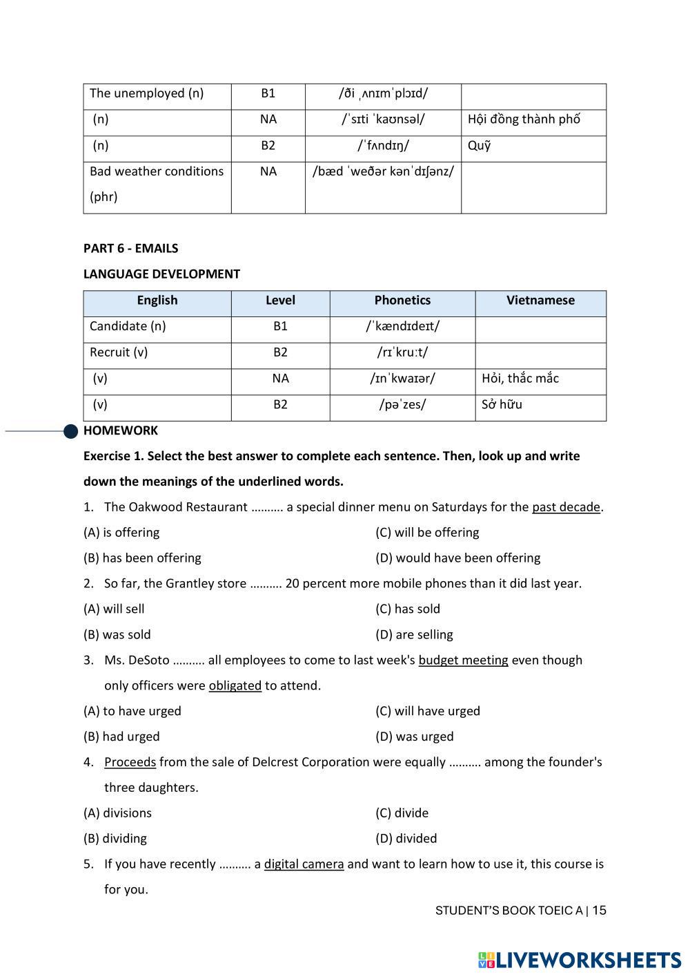 TOEIC A- HOMEWO… | Free Interactive Worksheets | 7921783