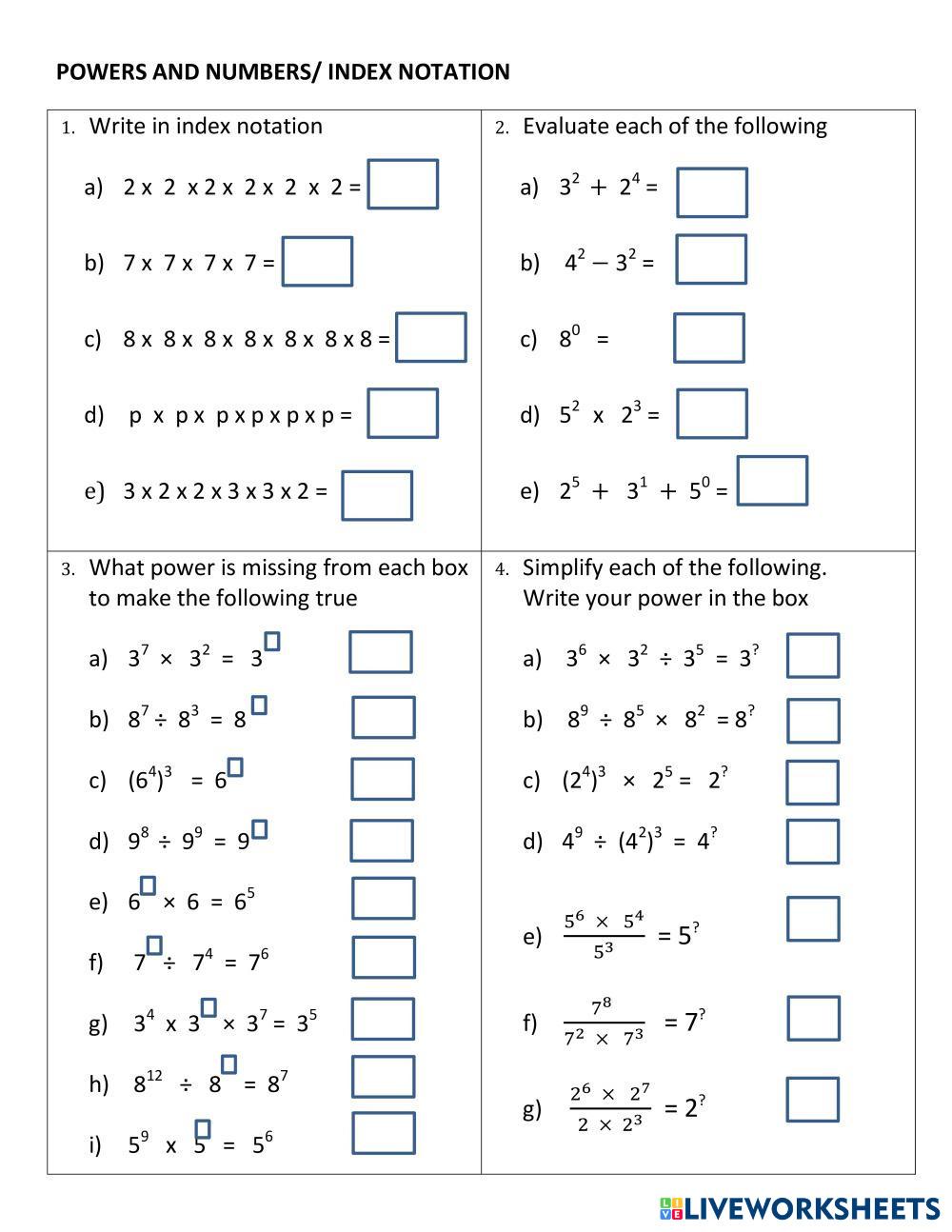 using index notation worksheet