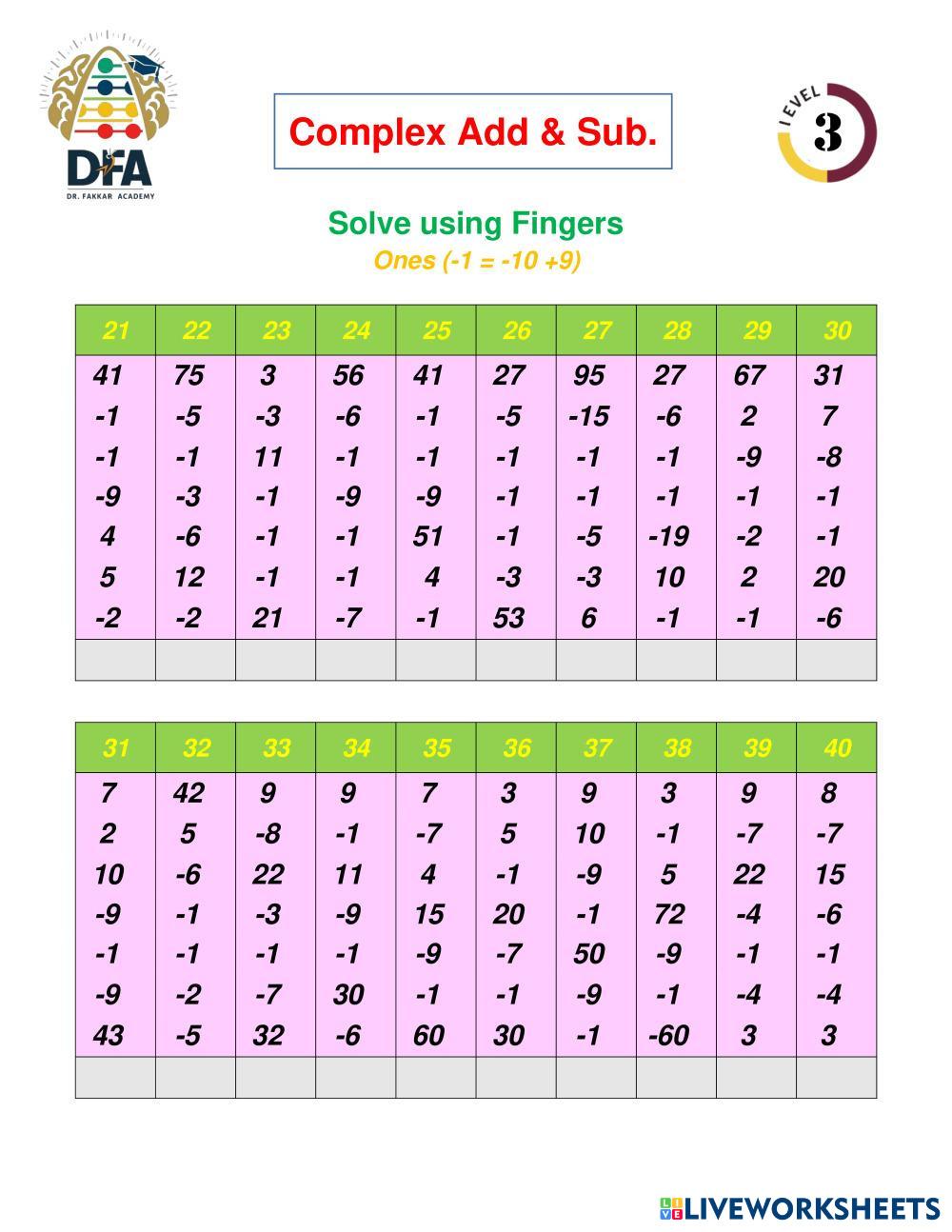 7926885 | Complex Add. & Sub. (-1=-10+9) Ones + R