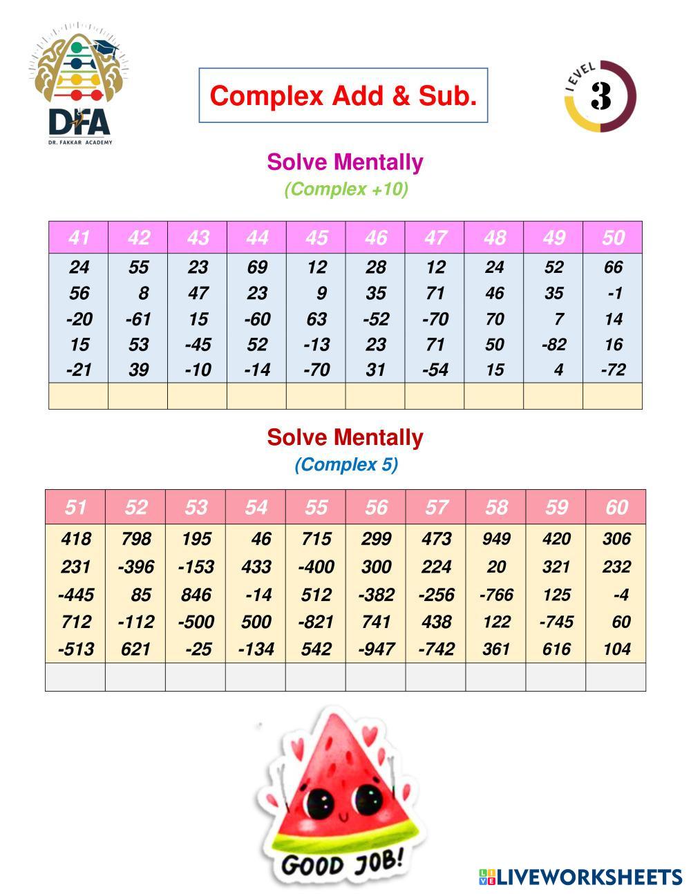 7926885 | Complex Add. & Sub. (-1=-10+9) Ones + R