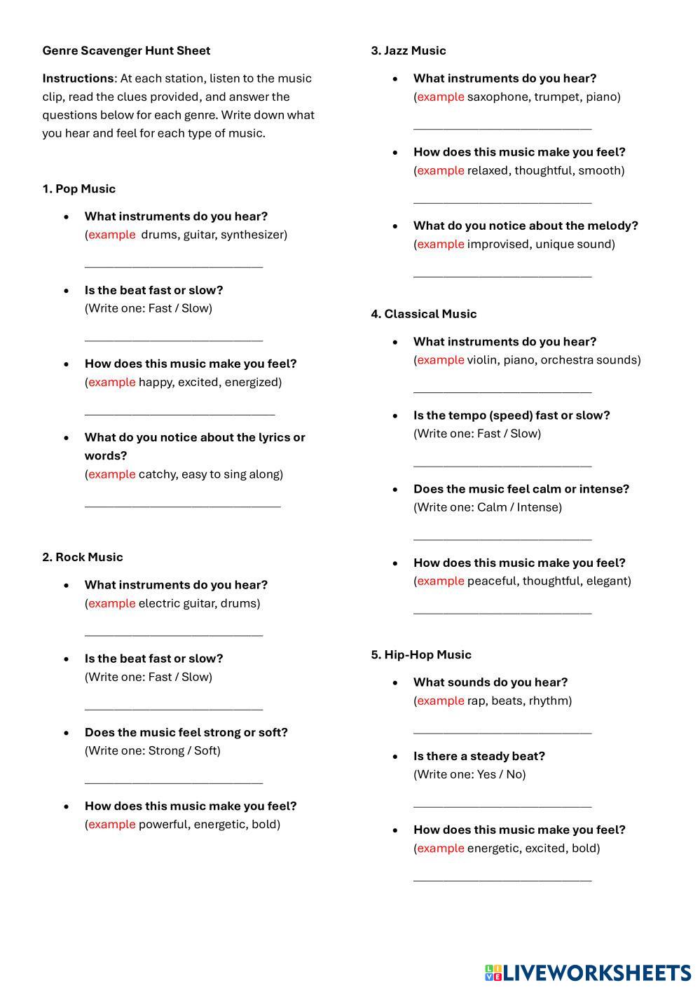 Genres of Music | Free Interactive Worksheets | 7936140