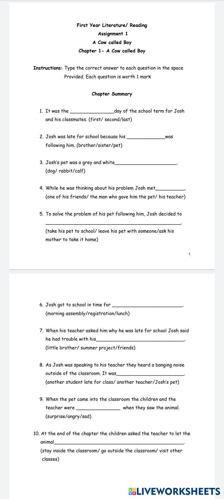 A Cow Called Bo… | Free Interactive Worksheets | 7946204