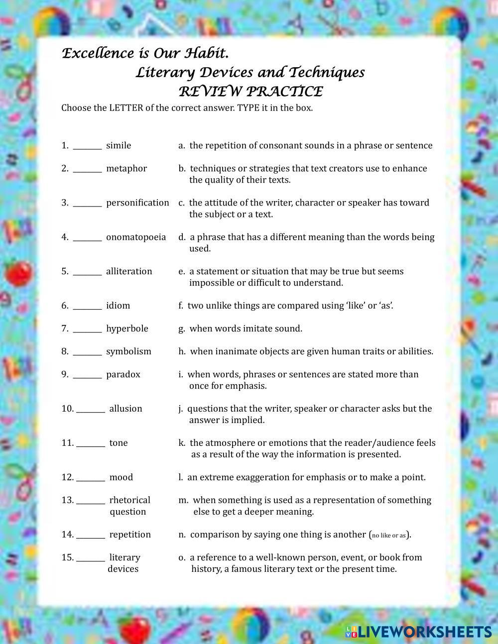 Literary Device… | Free Interactive Worksheets | 7947879