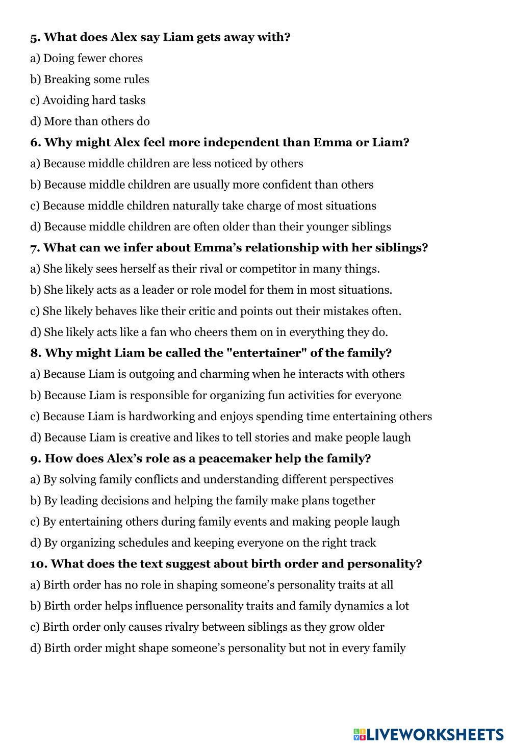 BIRTH ORDER AND… | Free Interactive Worksheets | 7967699