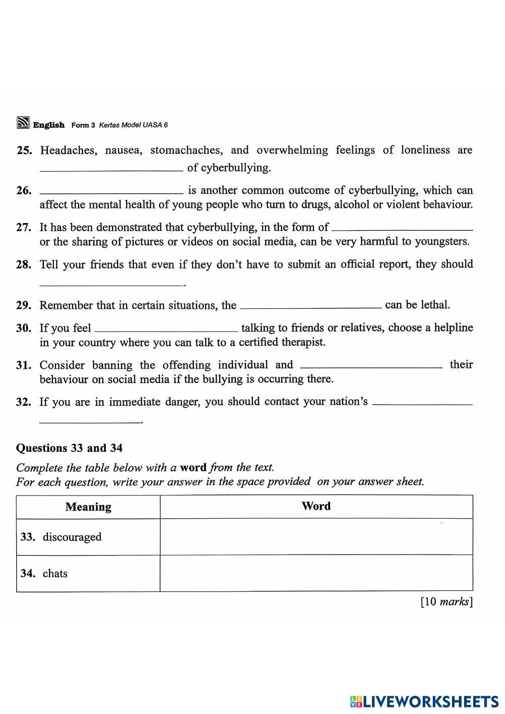 FORM 3 ENGLISH … | Free Interactive Worksheets | 7977618