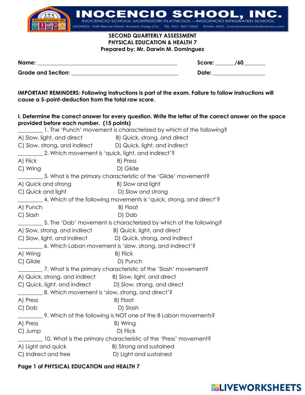 PE AND HEALTH 7… | Free Interactive Worksheets | 7984216