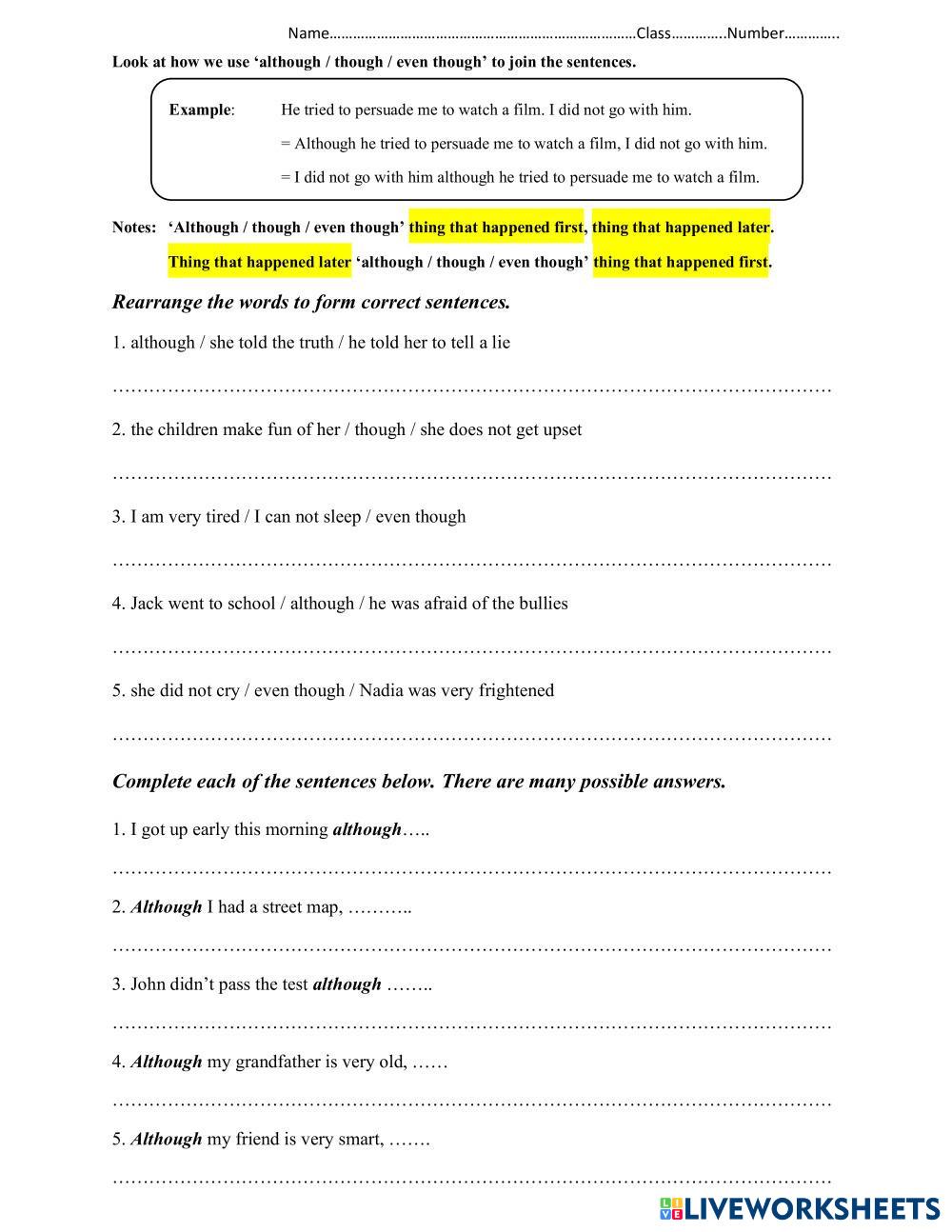 Although Though… | Free Interactive Worksheets | 7985835