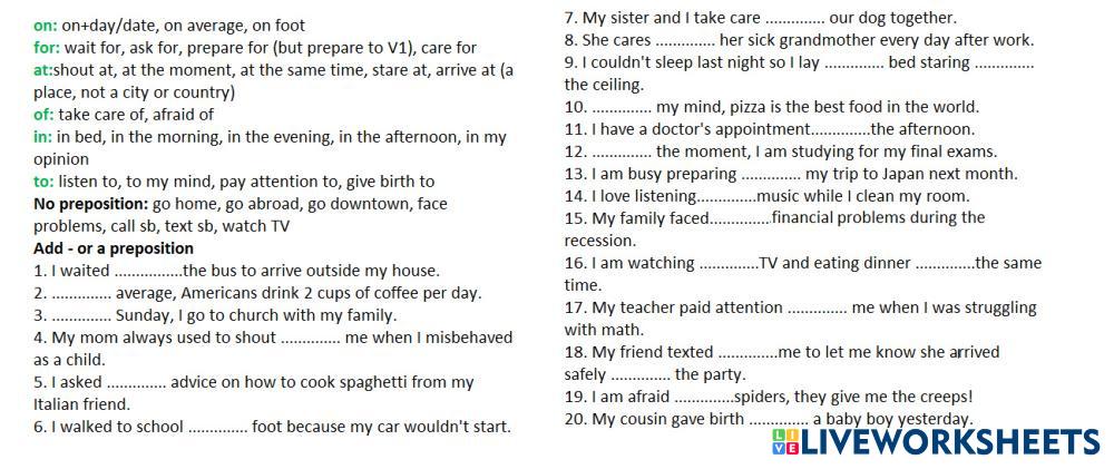 of, for, in, on, at, to | Live Worksheets