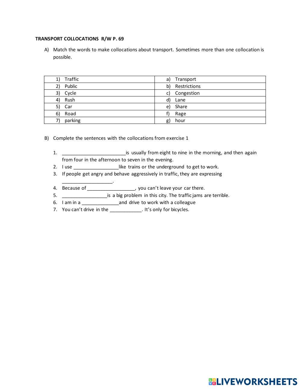 Transport Collocations | Live Worksheets