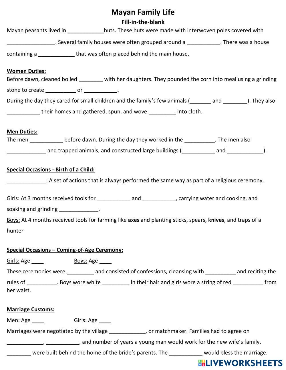 Mayan Family Life | Live Worksheets