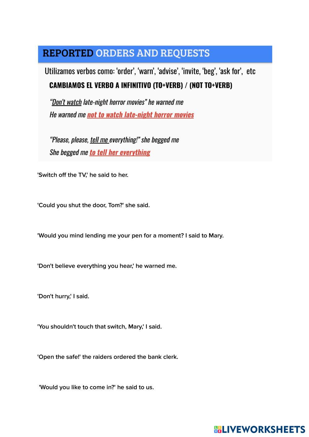 REPORTED SPEECH… | Free Interactive Worksheets | 7557089