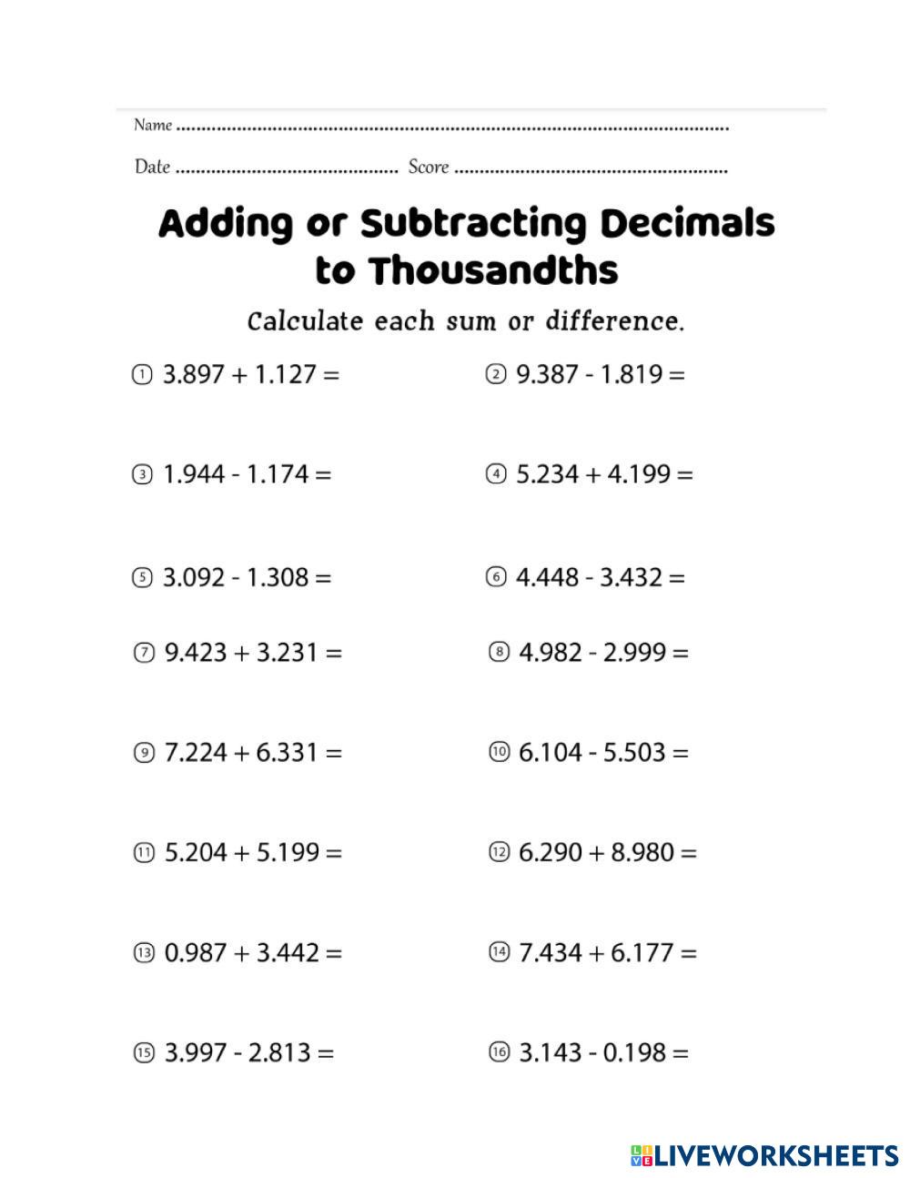 Adding and Subtracting Decimals Worksheet 1 | Live Worksheets