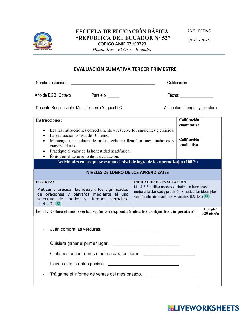 Examen 8vo tercer trimestre | Live Worksheets