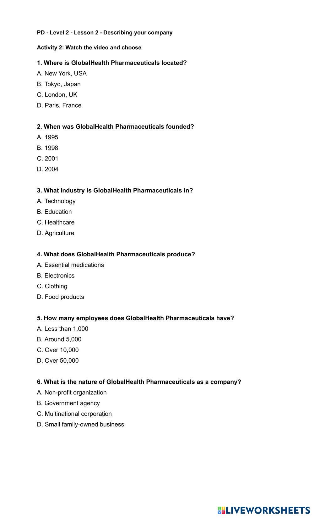 PD - Level 2 - Lesson 2 - Activity 2 -Describing your company | Live ...