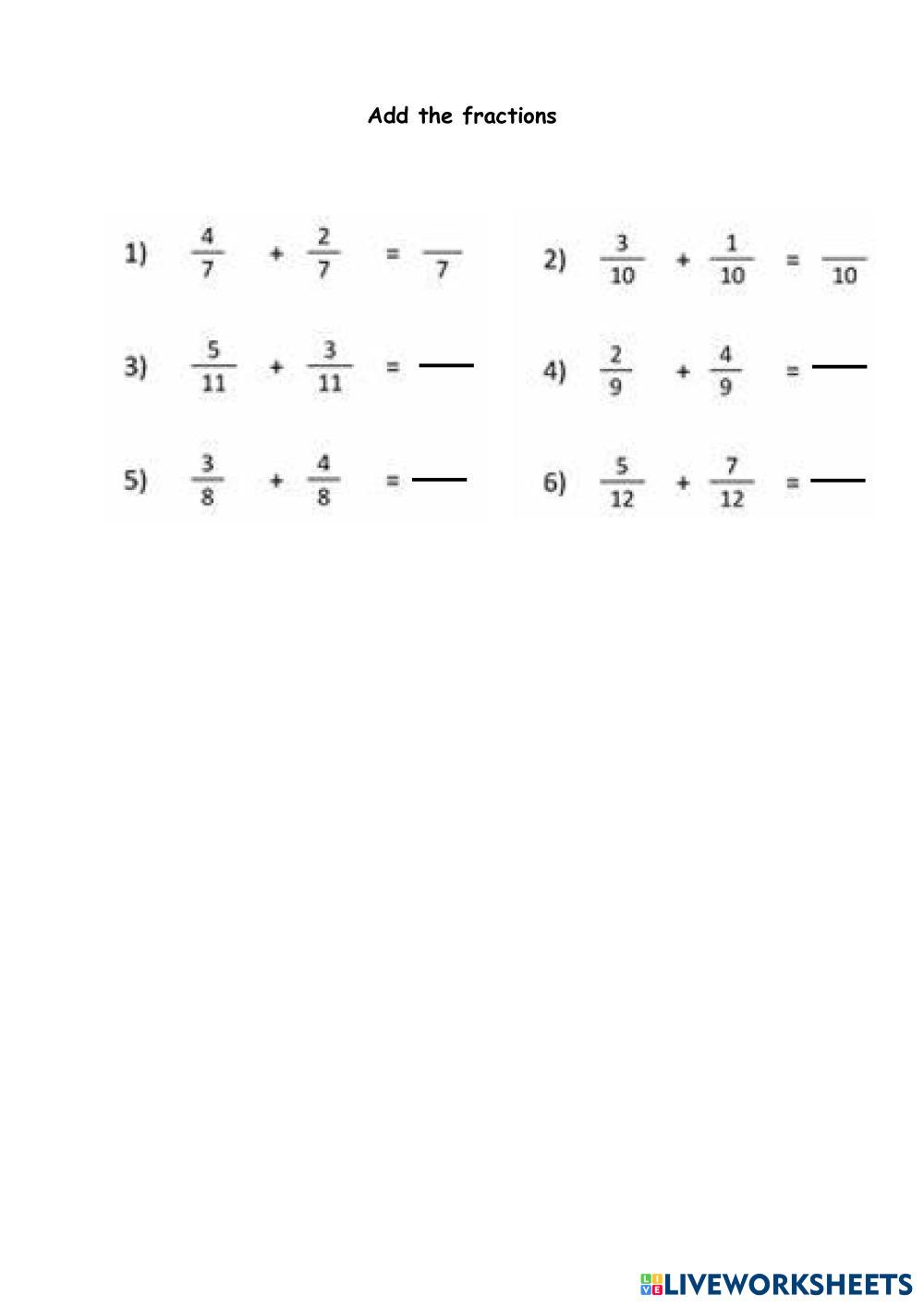 Fraction addition | Live Worksheets