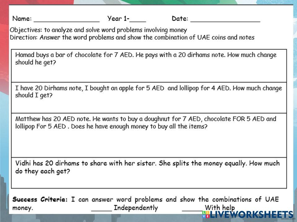 UAE Currency | Free Interactive Worksheets | 7561463