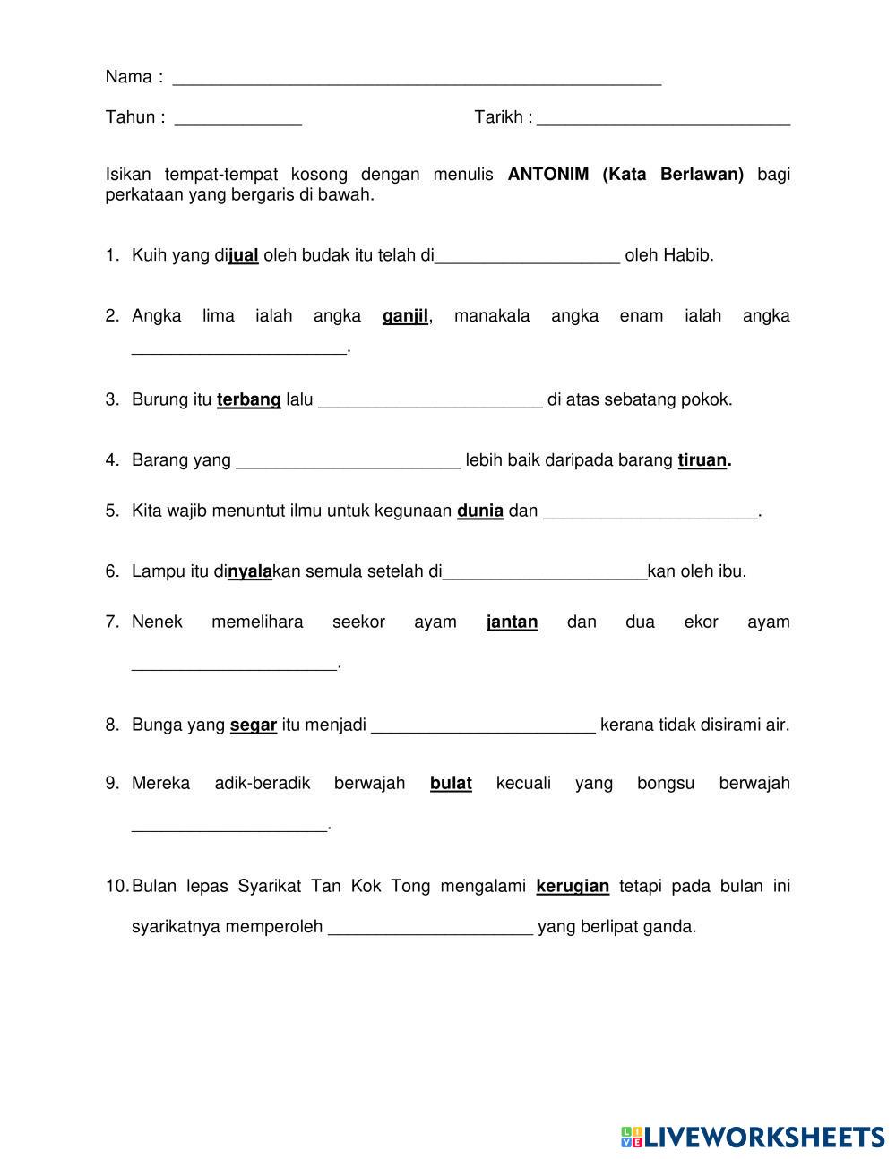 Latihan Antonim | Live Worksheets