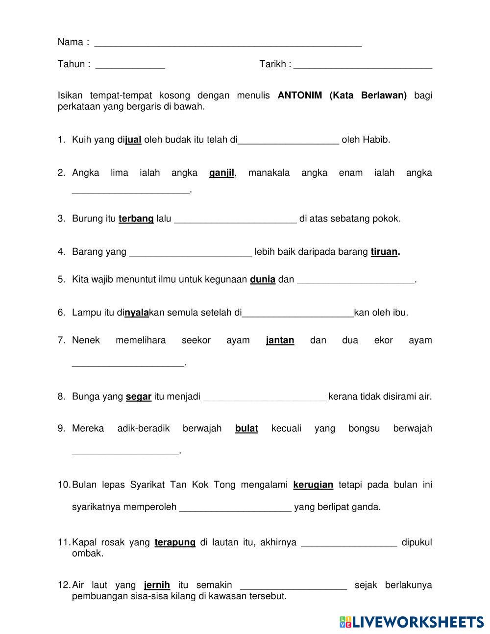 Latihan Antonim | Live Worksheets