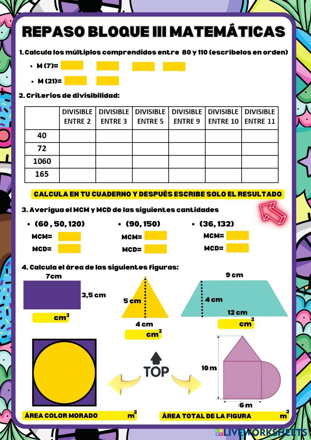 REPASO BLOQUE III MATEMÁTICAS | Live Worksheets