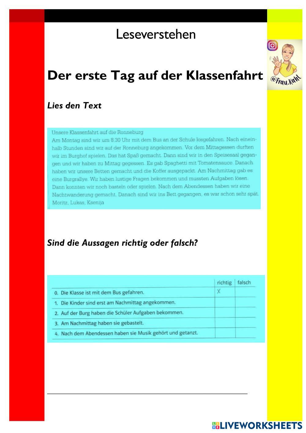 Leseverstehen A… | Free Interactive Worksheets | 7569309