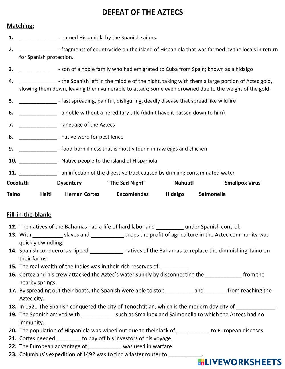 Defeat of the Aztecs | Live Worksheets