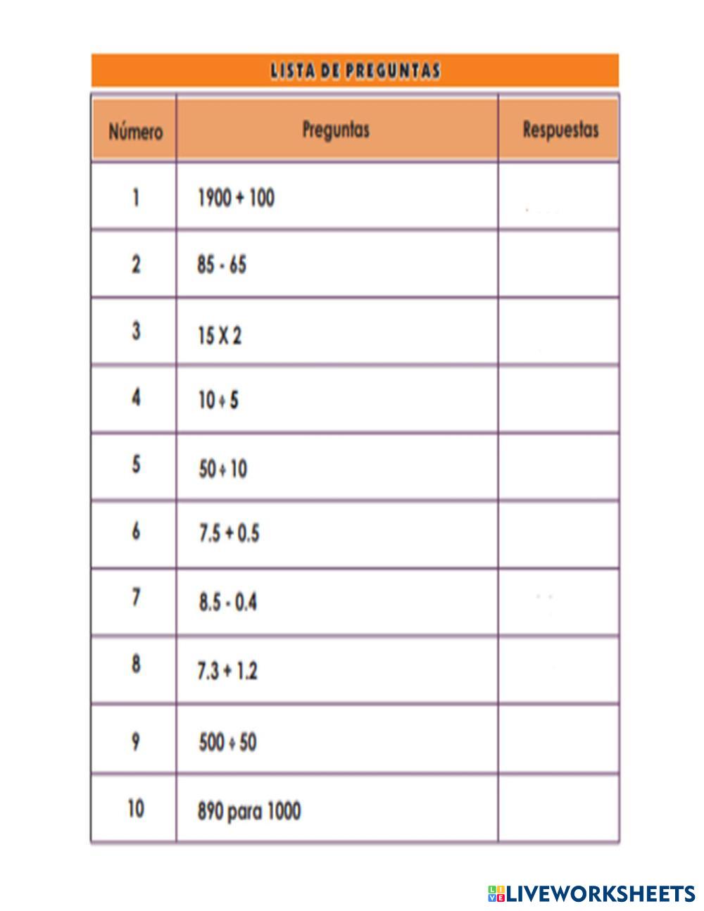 Sisat Calculo Mental cuarto | Live Worksheets