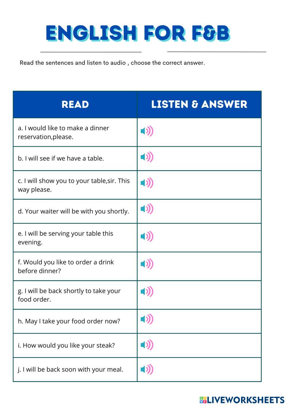 serving in a restaurant conversation | Live Worksheets