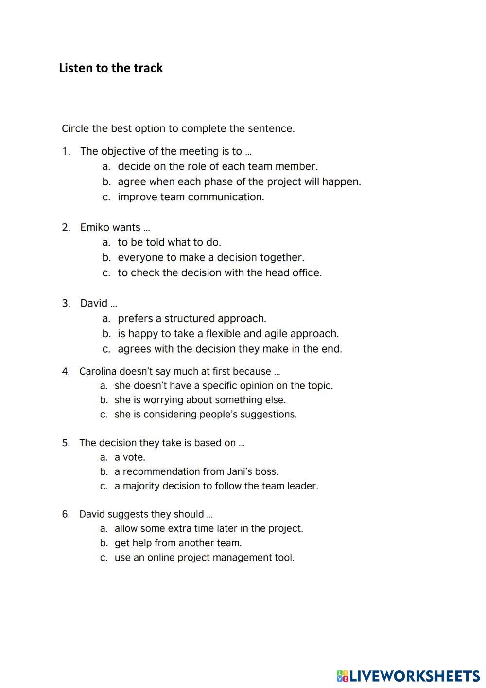 Listen and choose the correcr answer: | Live Worksheets