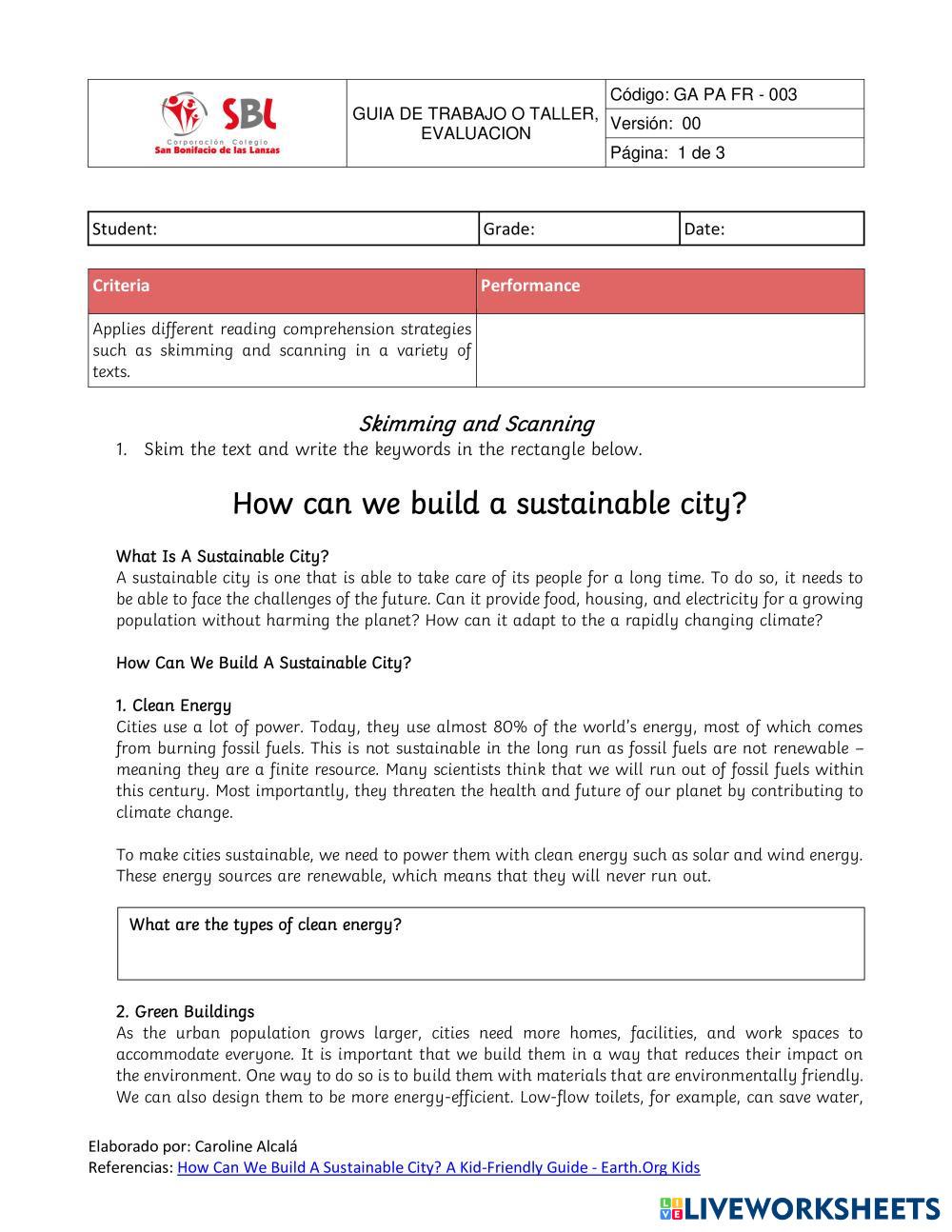 Sustainable cit… | Free Interactive Worksheets | 7578715