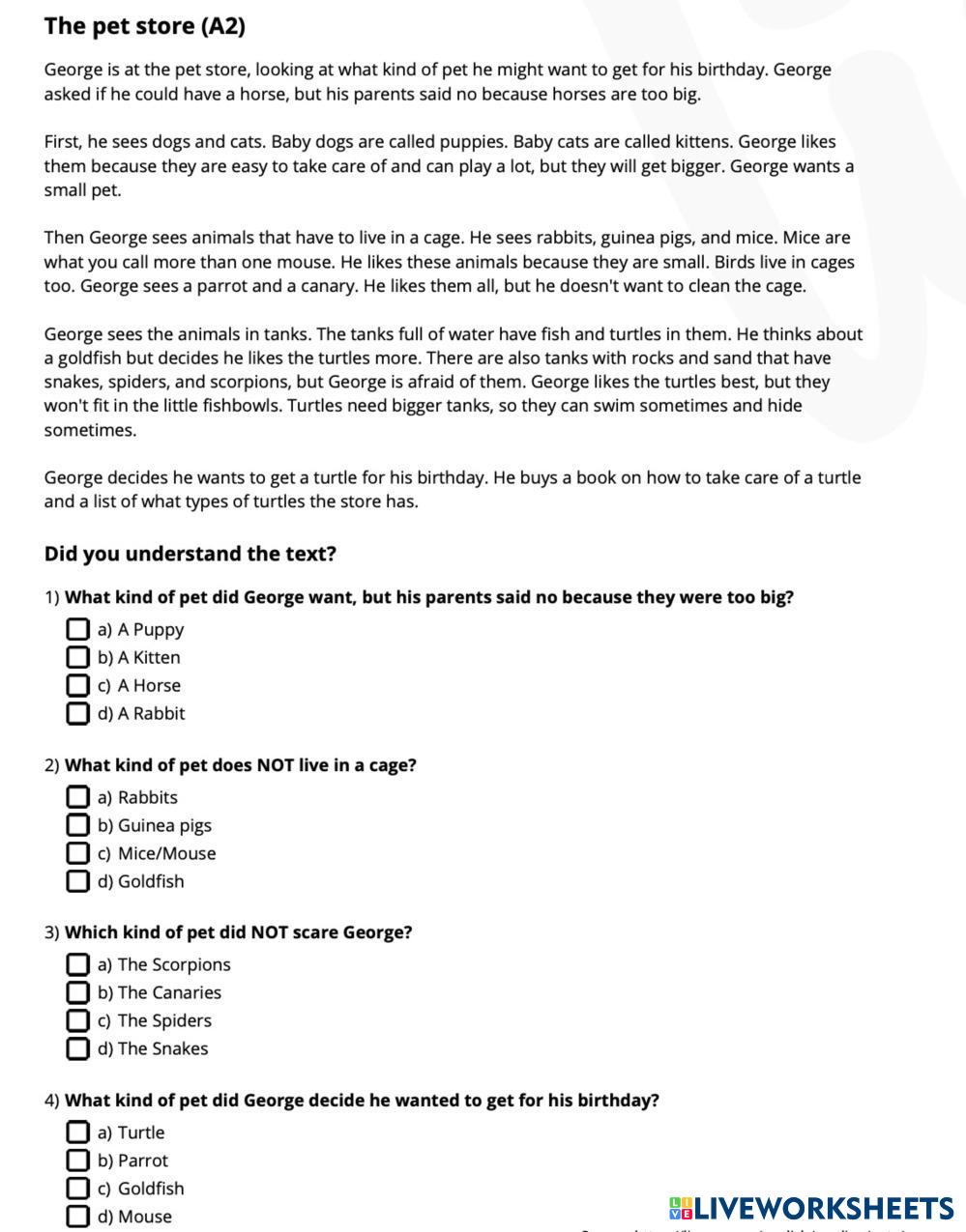 Reading: The pet store | Live Worksheets