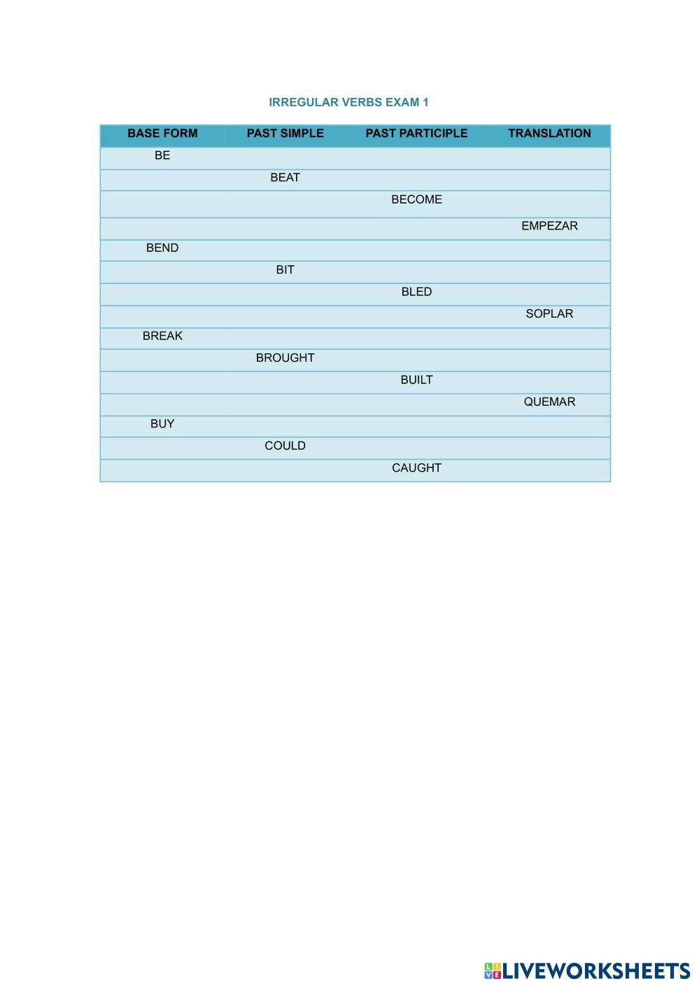 Irregular verbs English - Spanish be - catch 7579883