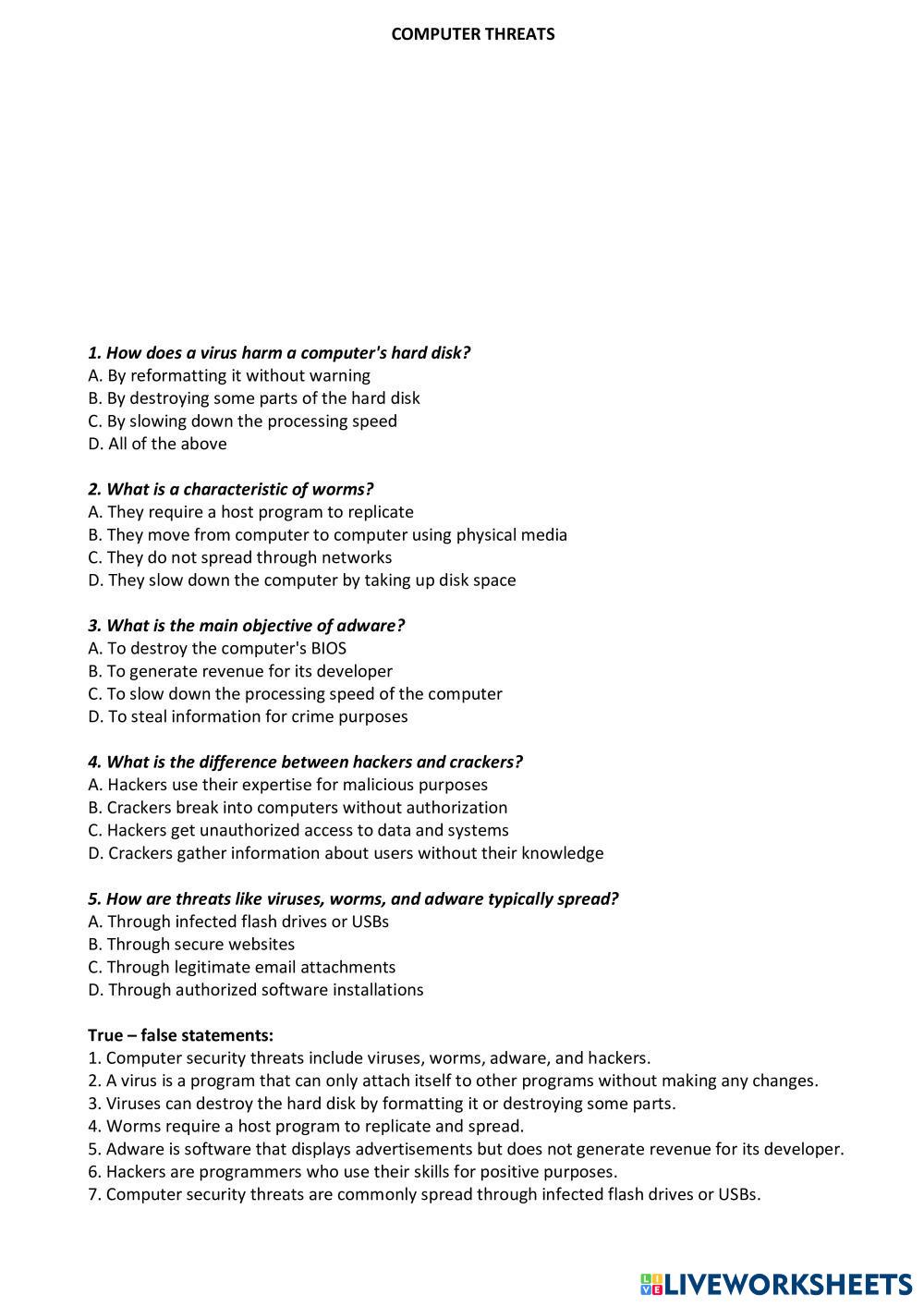 computer threats | Free Interactive Worksheets | 7583149