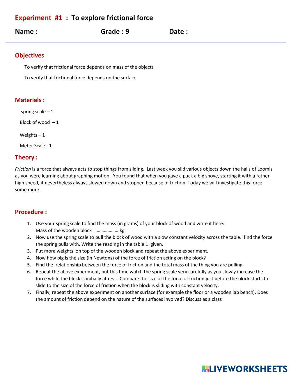 Frictional Forc… | Free Interactive Worksheets | 7589431