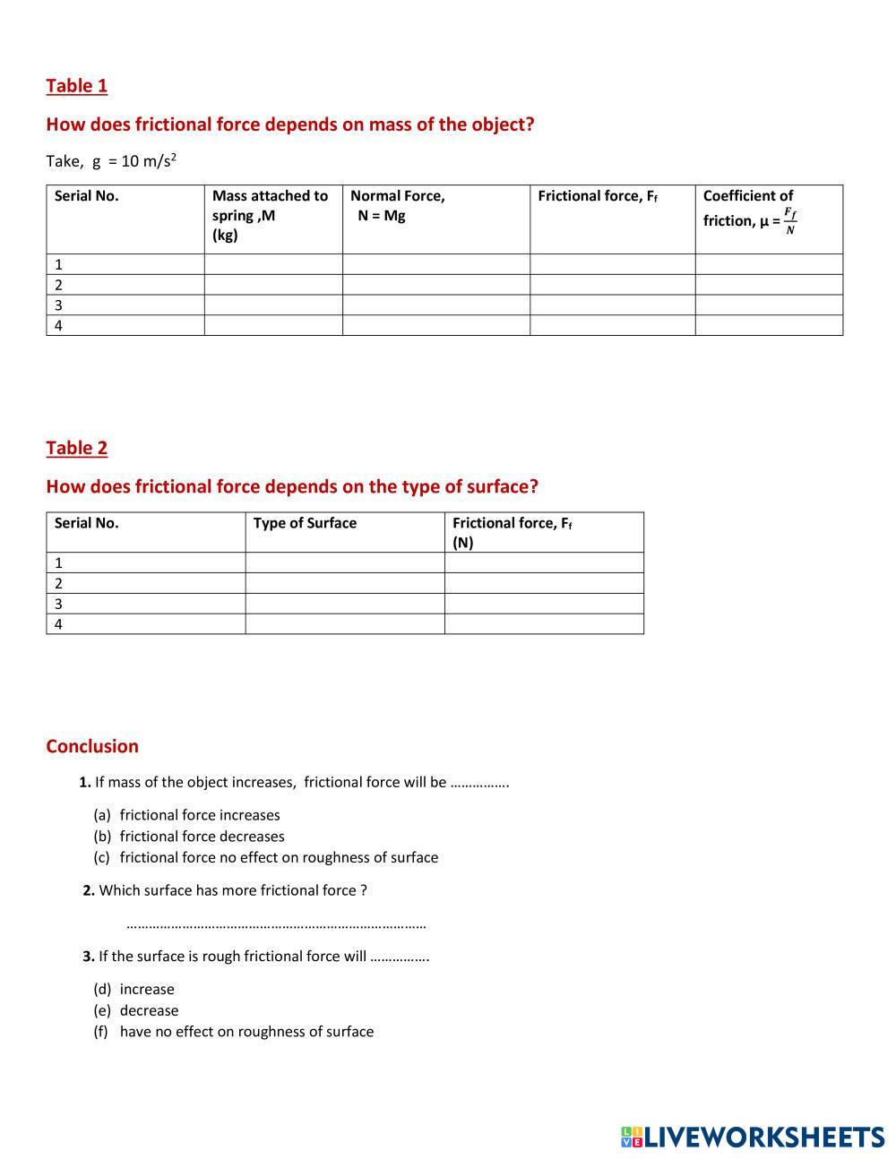Frictional Forc… | Free Interactive Worksheets | 7589431