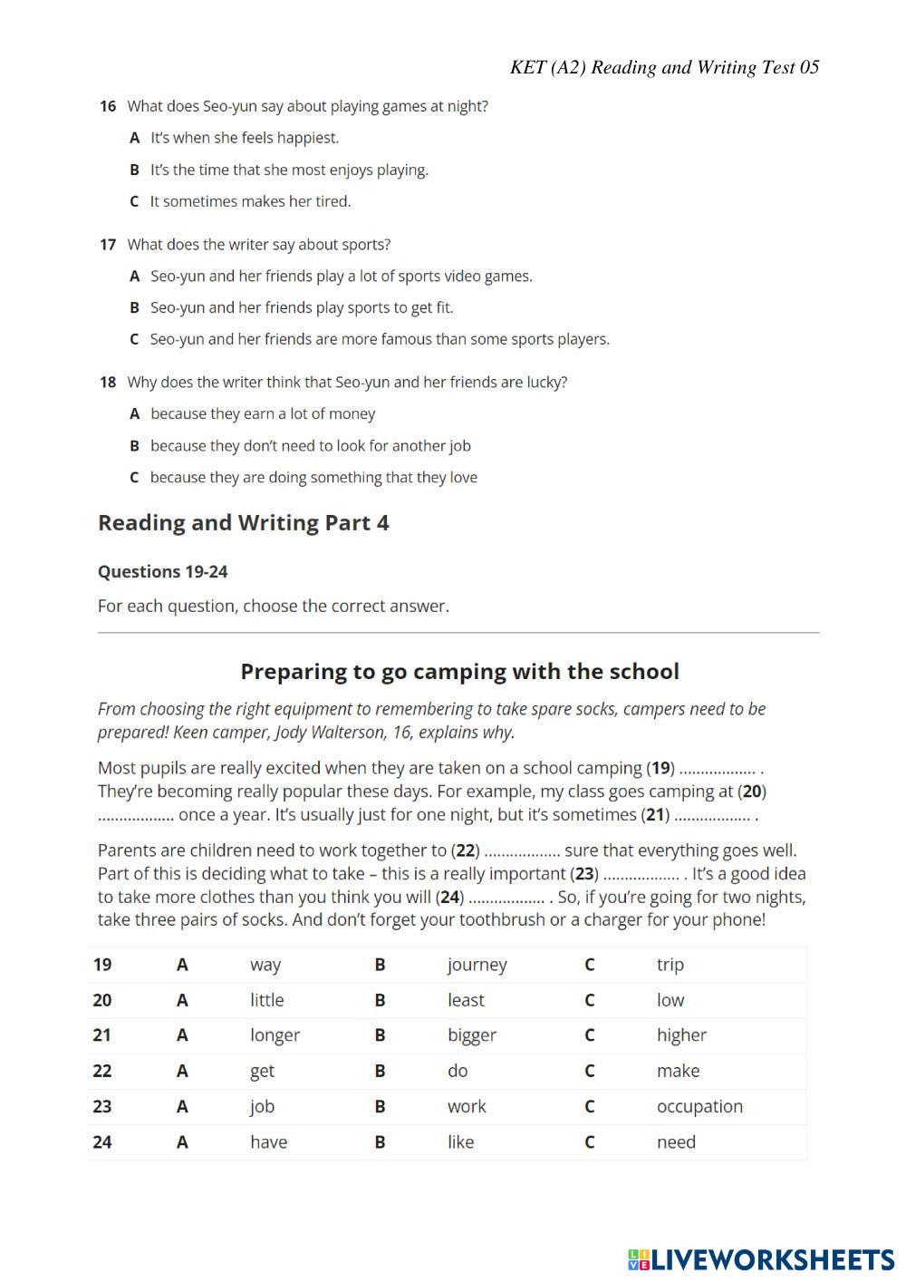 KET (A2) Readin… | Free Interactive Worksheets | 7589787