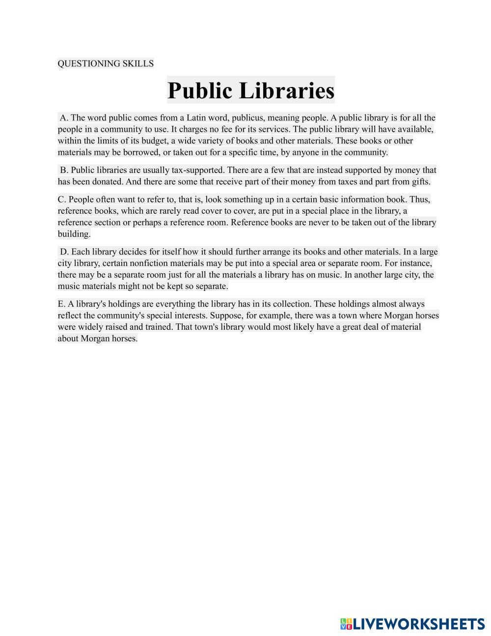 Public Libraries | Free Interactive Worksheets | 7592477