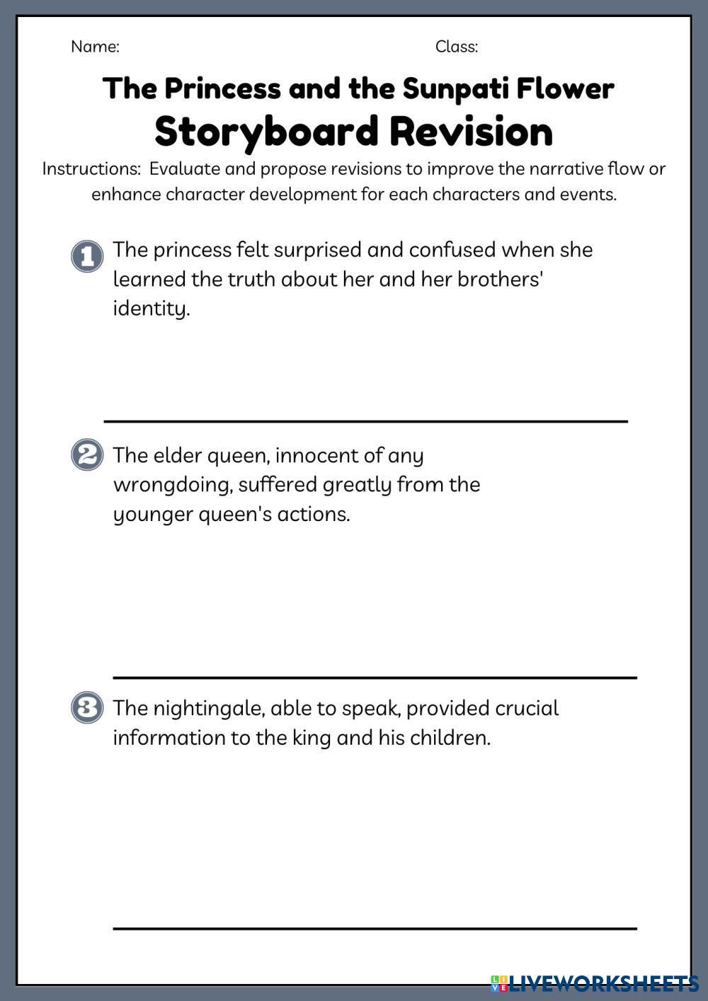 The Princess and the Sunpati Flower — Storyboard Revision | Live Worksheets