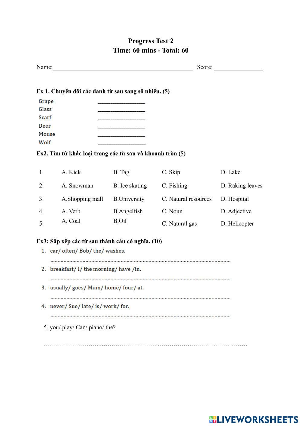 Progress Test 2 | Live Worksheets